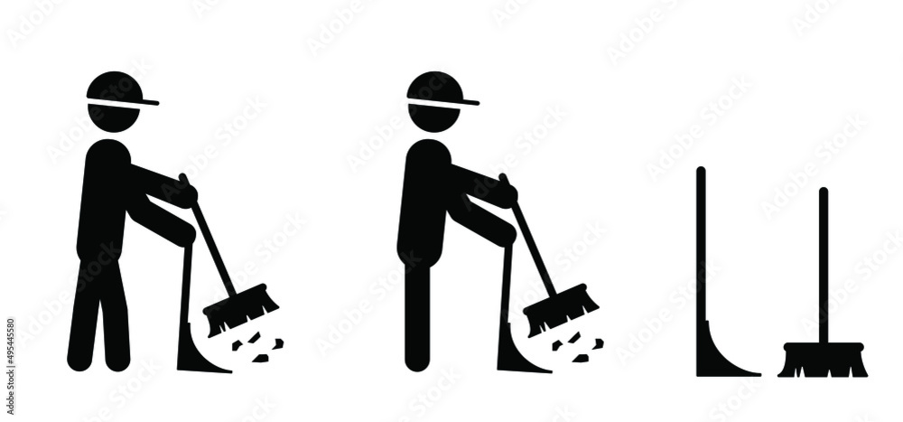 Cartoon stickman, stick figure man sweeping the floor icon or pictogram ...