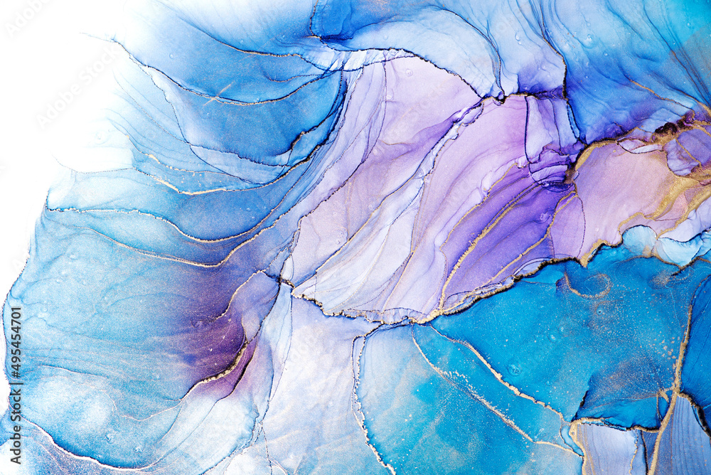 Royalviolet cyan liquid marble watercolor background with gold lines ...