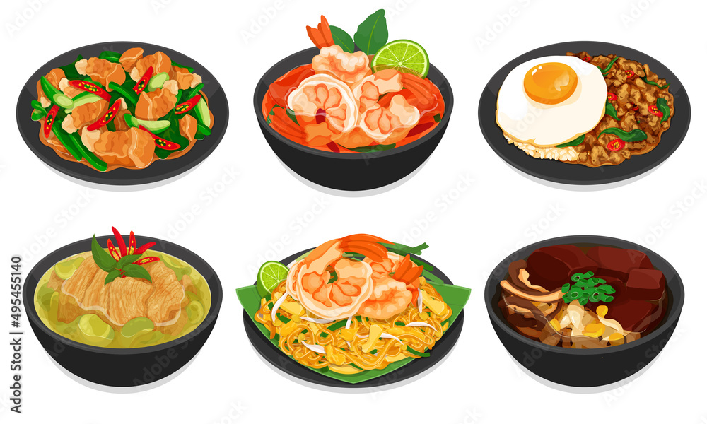 Thai street food restaurant menu illustration vector. (Stir fried ...
