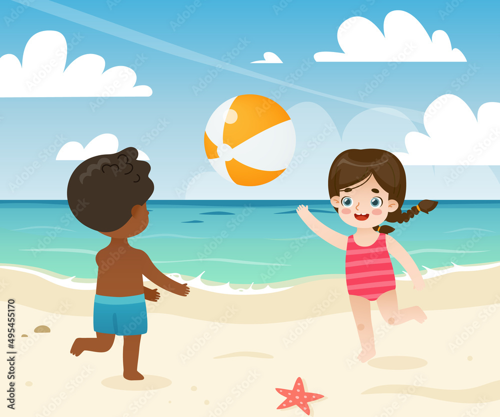 Cartoon children playing with inflatable ball on the beach. Cute kids ...