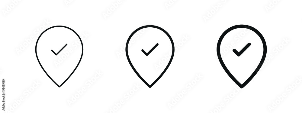 Location pin with check mark icon, map pointer with checkmark icons ...