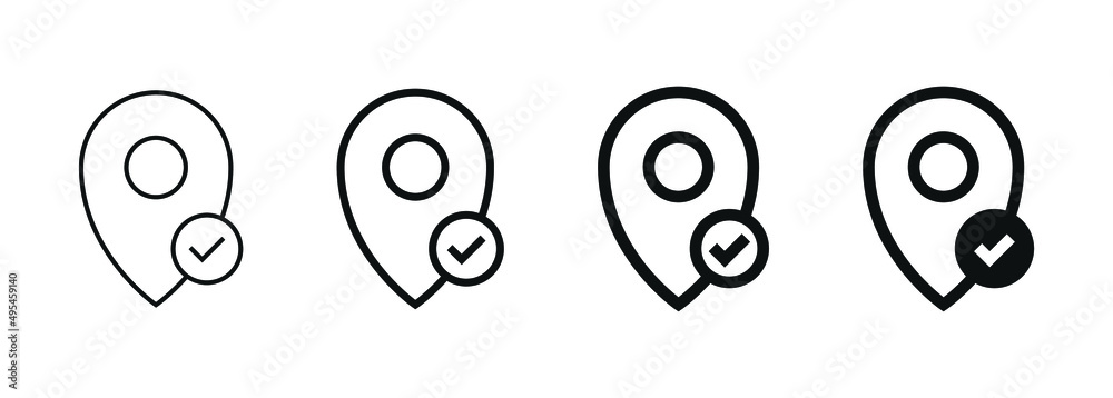 Location pin with check mark icon, map pointer with checkmark icons ...