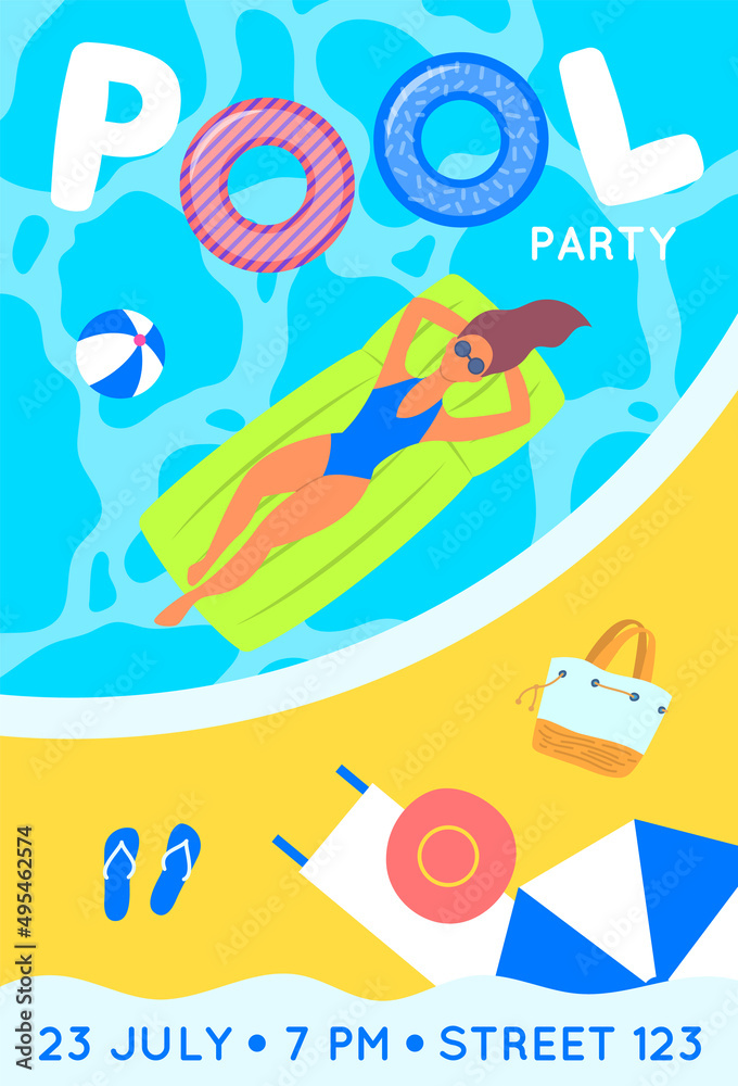 Cartoon Pool Party Poster Invitation with Swimming Woman Concept Banner ...