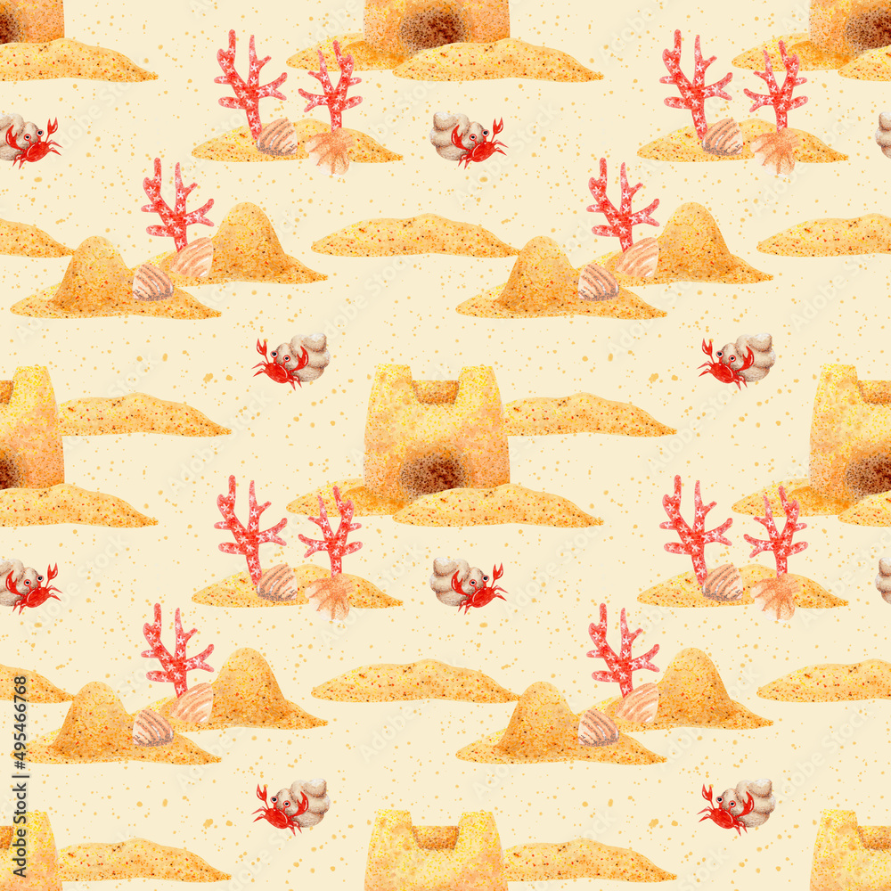 Watercolor seamless pattern with sand castle and coral illustration on ...