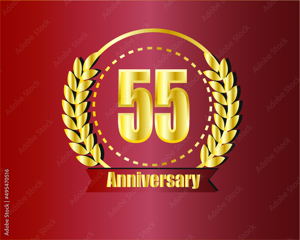 55th golden anniversary logo with ring, laurel wreath vector design ...