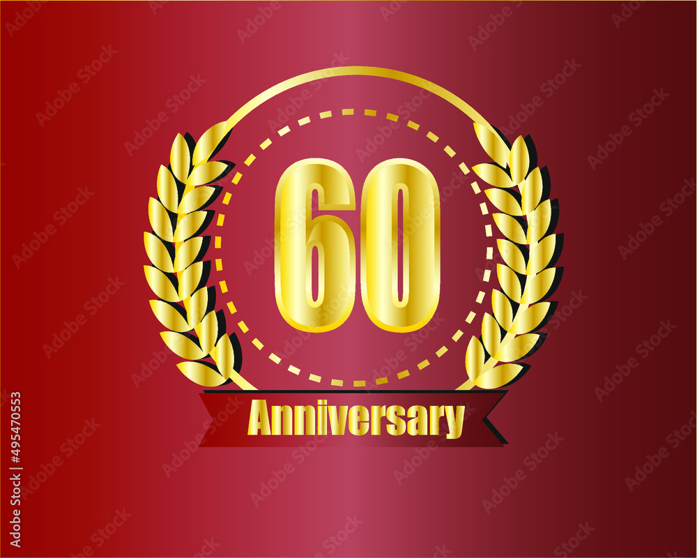 60th golden anniversary logo with ring, laurel wreath vector design ...