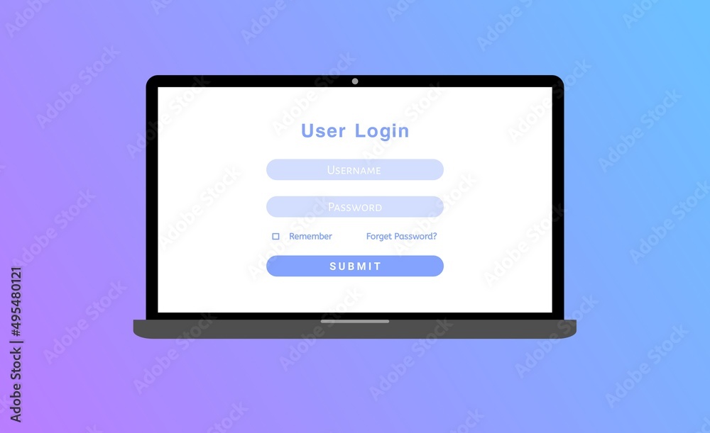 Laptop with login form page on screen. Sign in to account, user ...