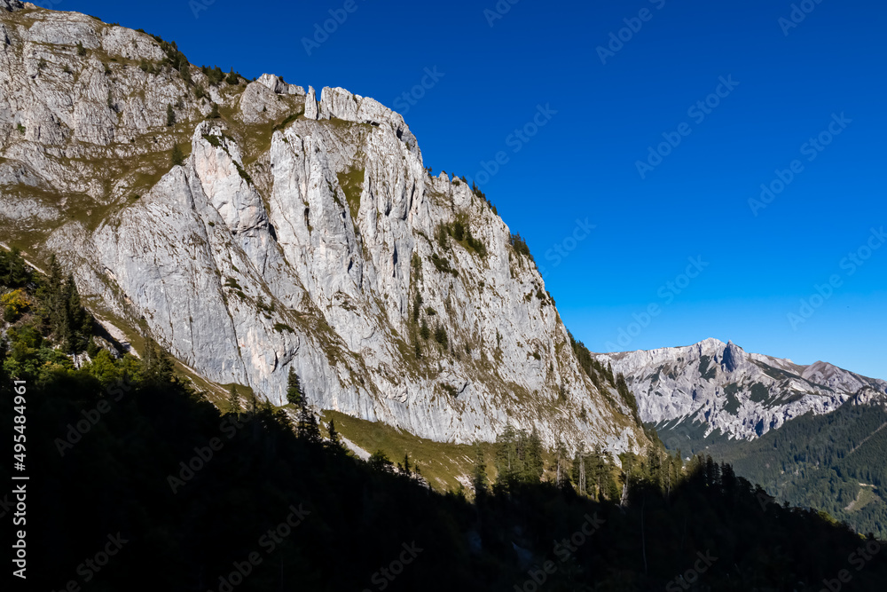 Panoramic view on the mountain peaks of the Hochschwab Region in Upper ...