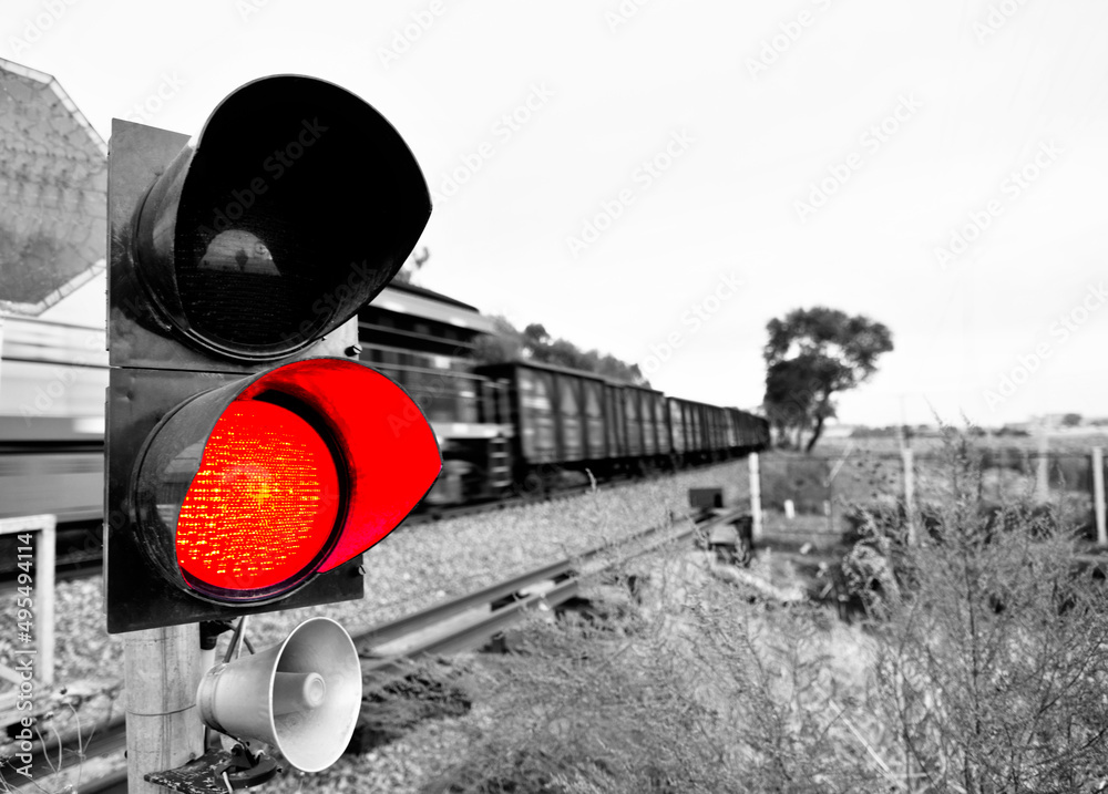 Traffic light shows red signal next to railway lines Stock Photo ...