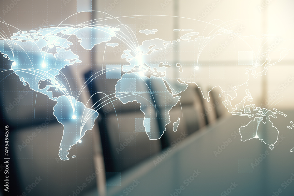 Abstract graphic digital world map hologram with connections on a ...