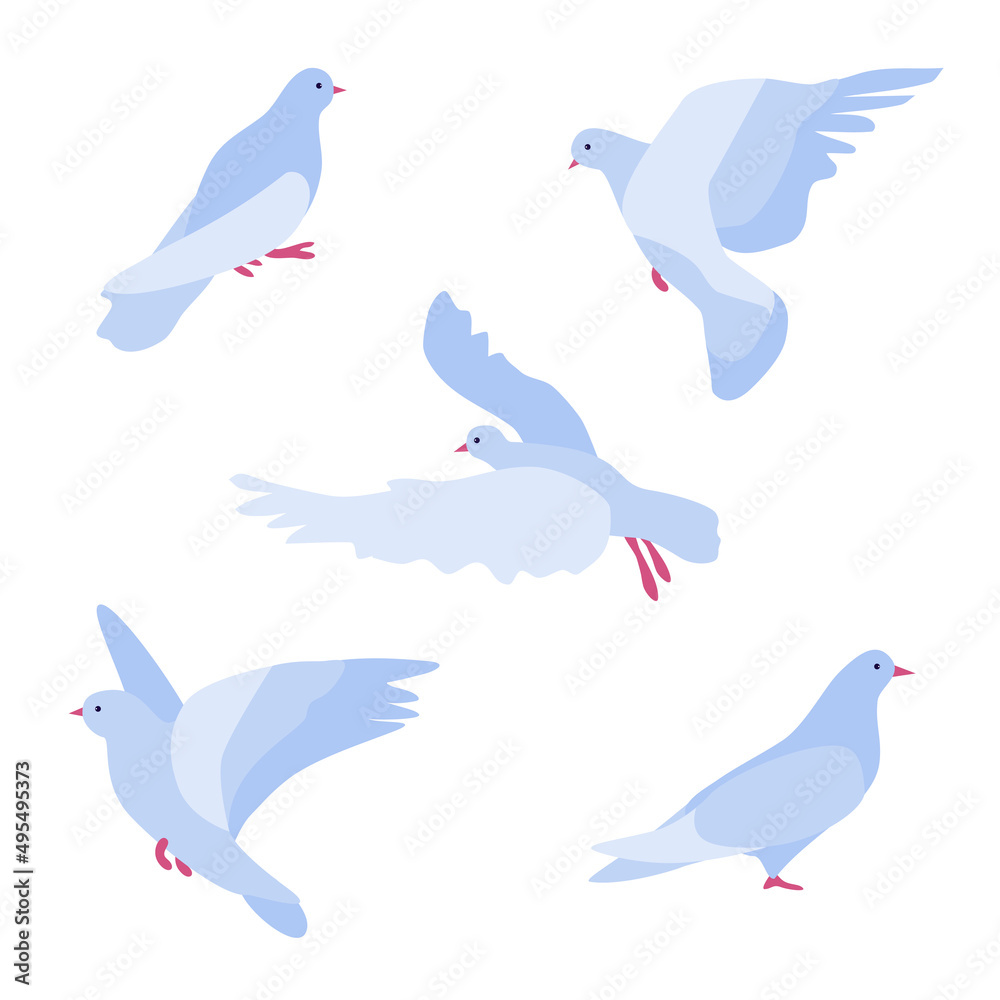 Set of five flat simplified abstract doves. Bird of peace for design ...