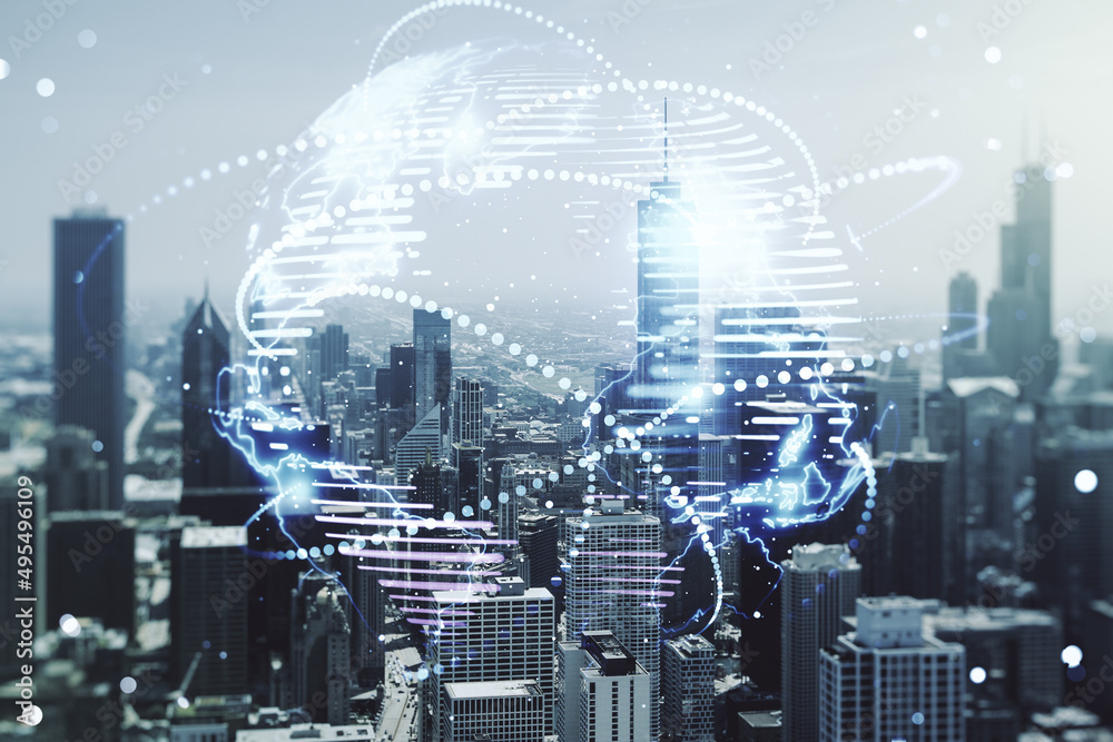 Abstract graphic digital world map hologram with connections on Chicago ...