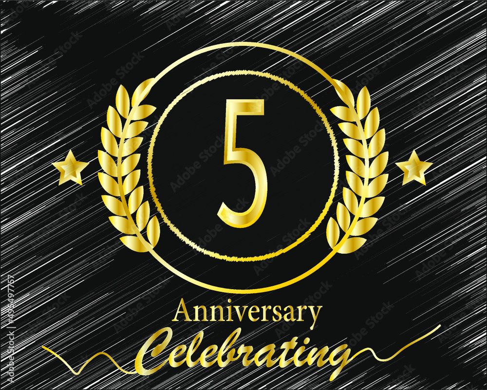 5th golden anniversary logo with ring, laurel wreath vector design on ...
