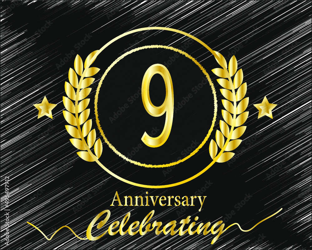 9th golden anniversary logo with ring, laurel wreath vector design on ...