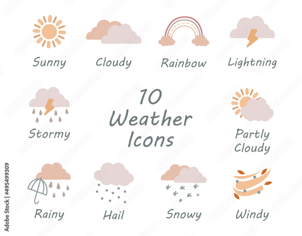 Vector weather icons collection in boho style. Hand drawn cute weather ...