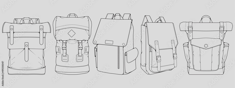 Set of backpack outline drawing vector, set of Backpack in a sketch ...