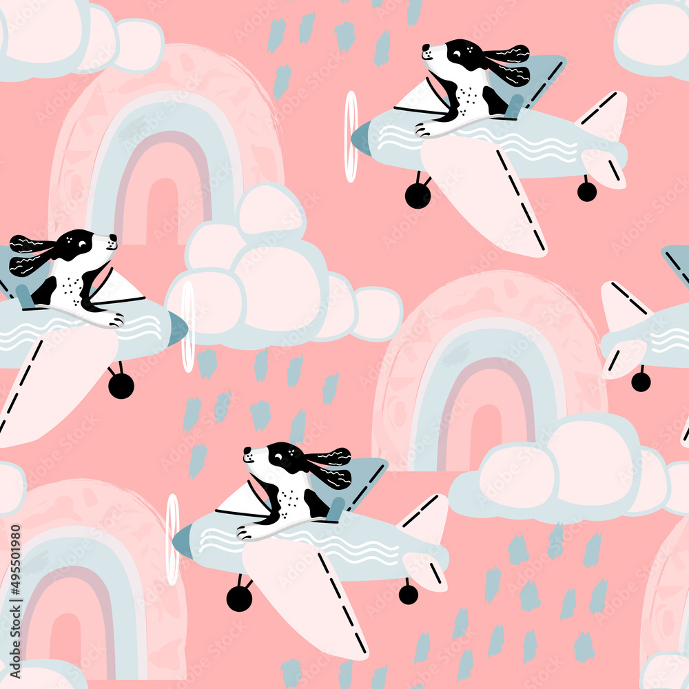 Funny dog is flying in an airplane.Seamless vector pattern with animal ...