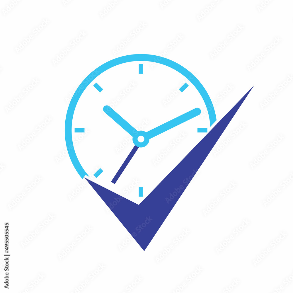 Time management vector logo template. Check mark with clock icon vector ...