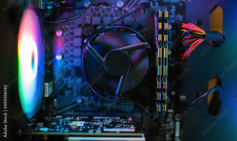 inside the computer Video graphics card installed on the motherboard ...