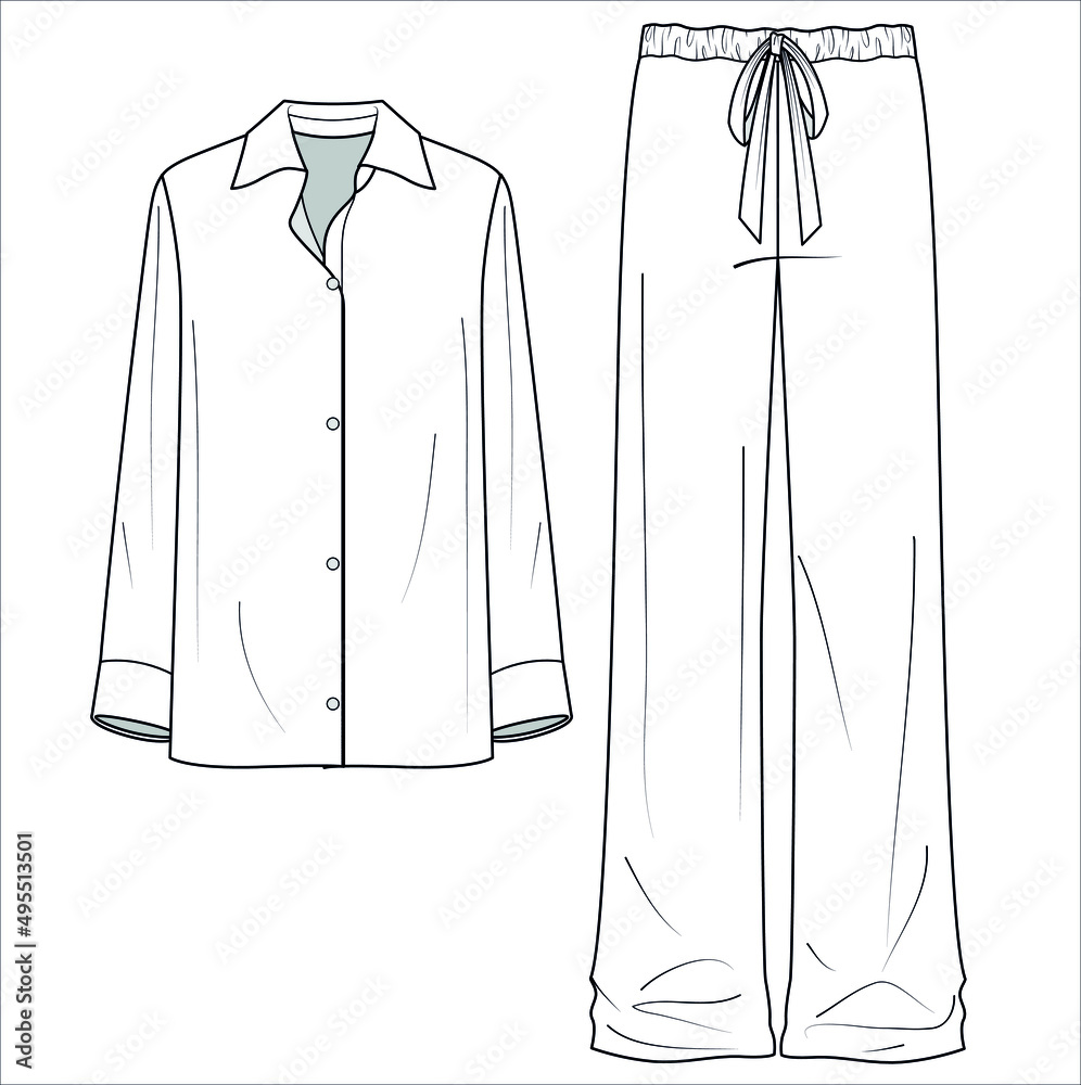 LONG SLEEVES SHIRT AND FLARED PYJAMA FLAT SKETCH OF NIGHTWEAR SET FOR ...