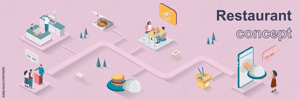 Restaurant concept 3d isometric web banner. People visit cafe, dine at ...
