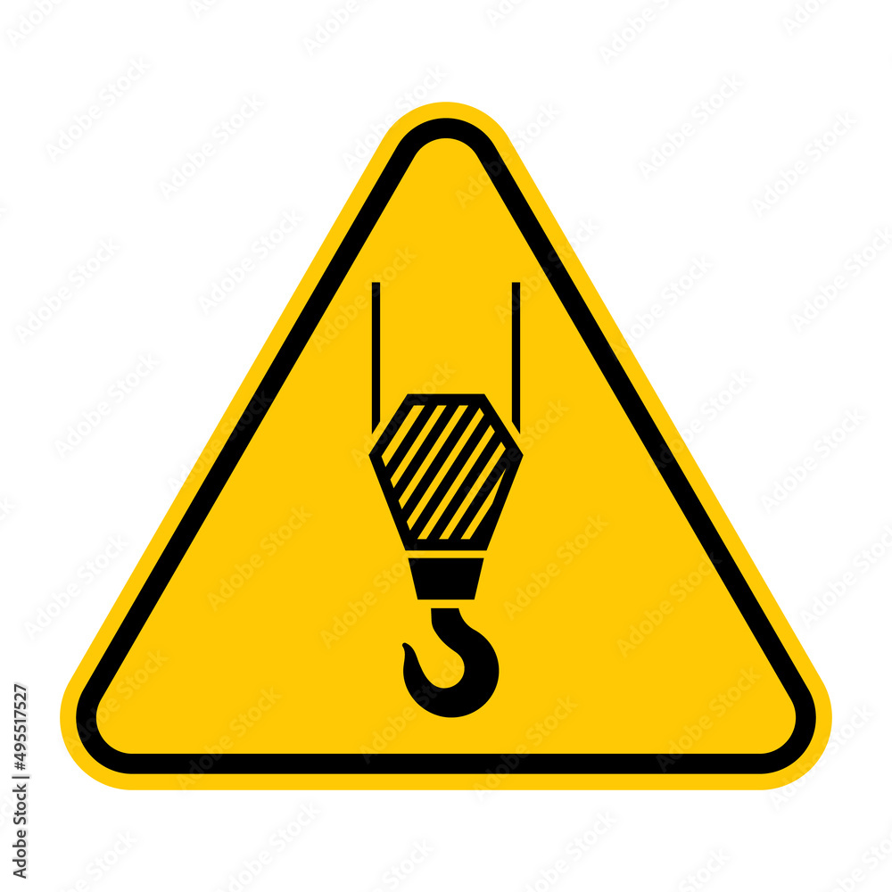 Crane hook warning sign. Vector illustration of yellow triangle sign ...