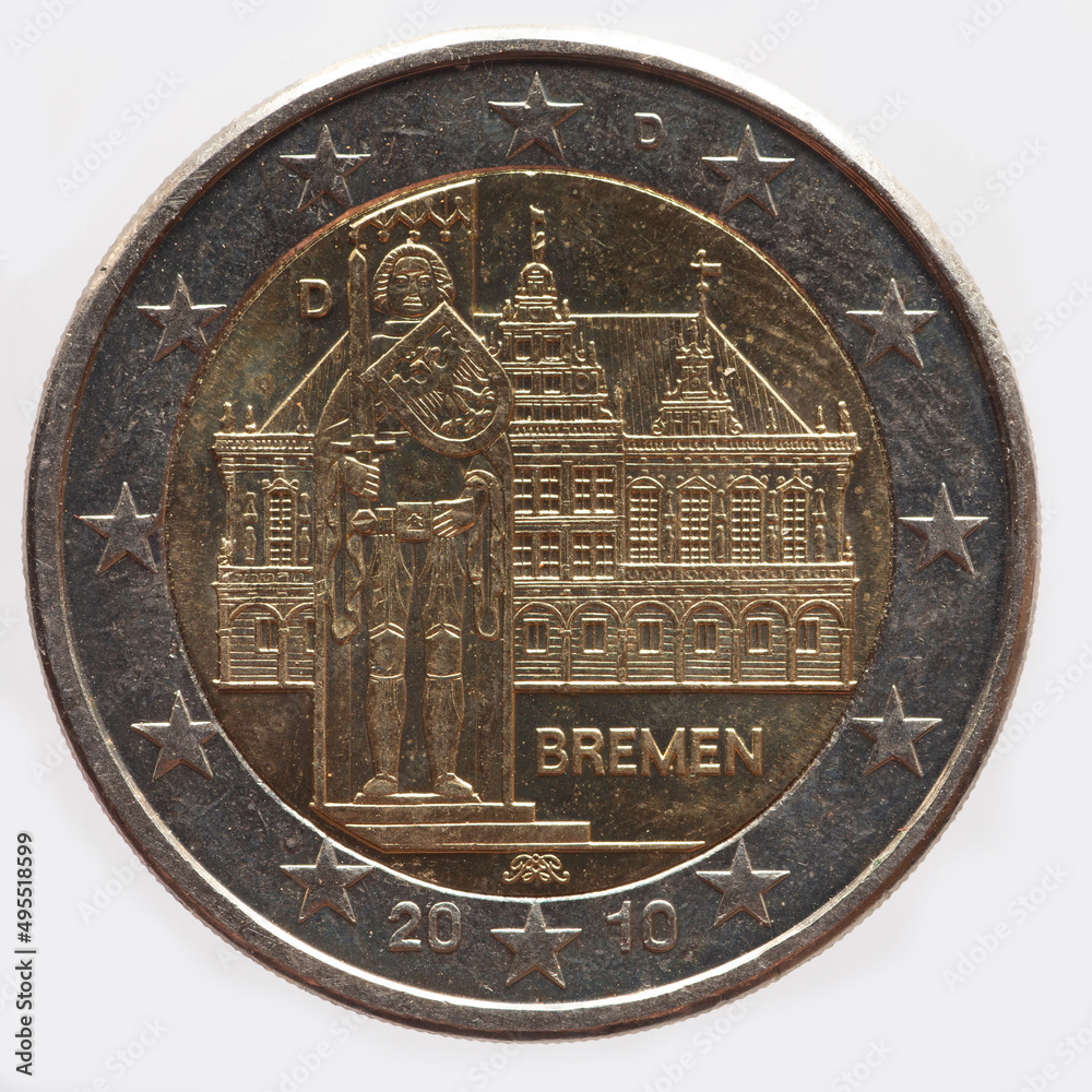 Germany - circa 2010: a 2 Euro coin of Germany with the historic town ...