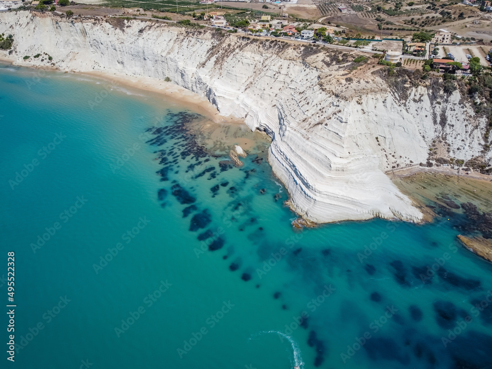 Aerial view of white rocky cliffs at Scala dei Turchi, Sicily, Italy ...
