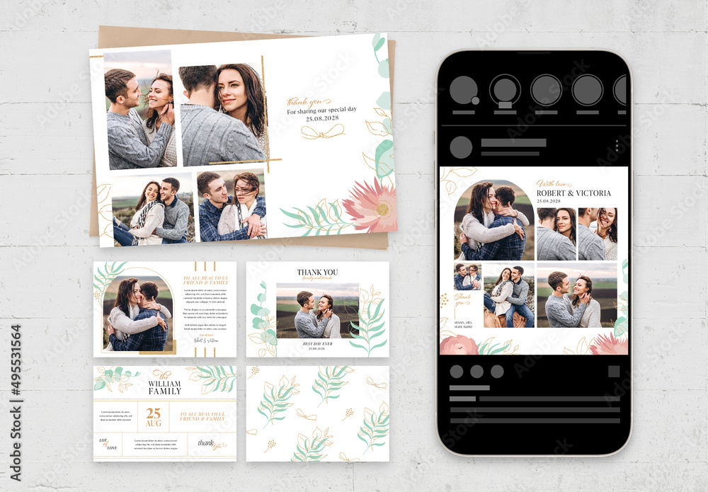 Wedding Photo Collage Postcard with Tropical Leaves Stock Template ...