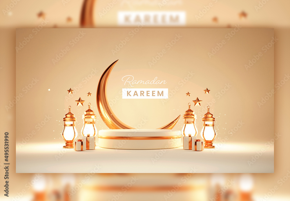 3D Render of a Golden Crescent Moon with Podium for Your Product ...