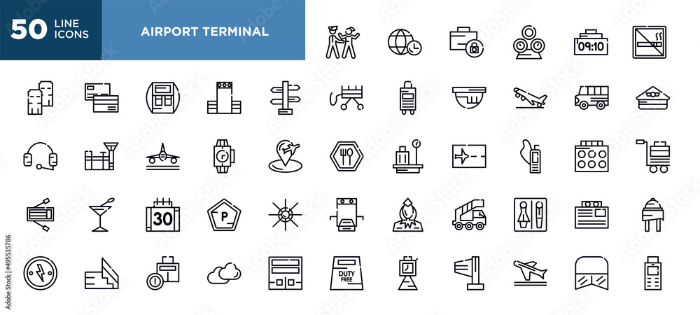 airport terminal editable outline icons set. airport terminal thin line ...