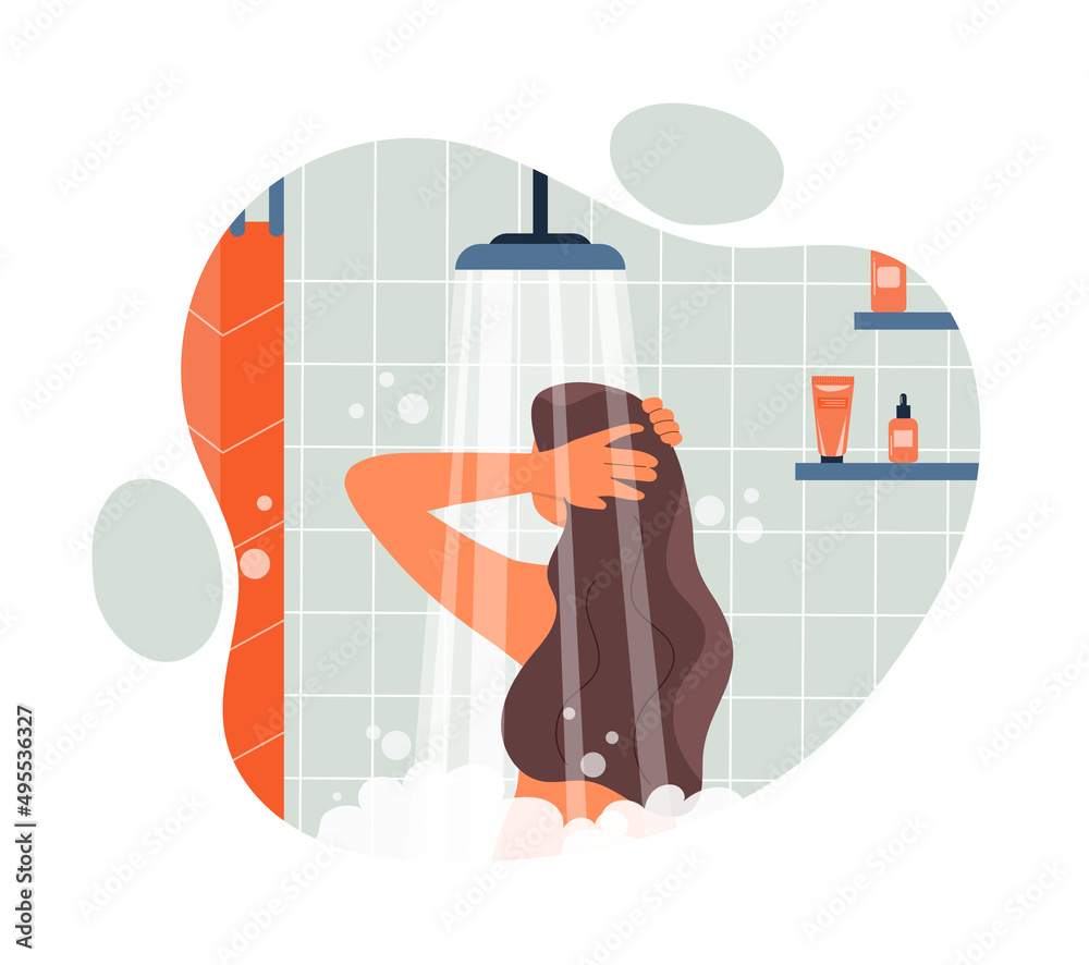 Morning shower concept. Young girl takes care of herself, beauty and ...