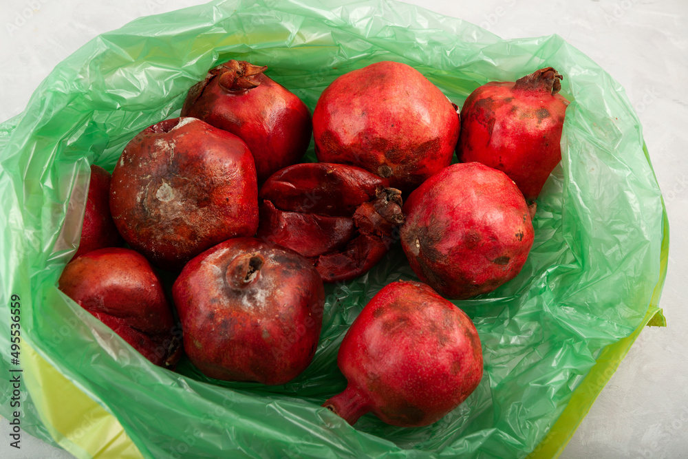 Spoiled pomegranate fruits in plastic garbage bag. Ugly rotten moldy ... Spoiled pomegranate fruits in plastic garbage bag. Ugly rotten moldy ...