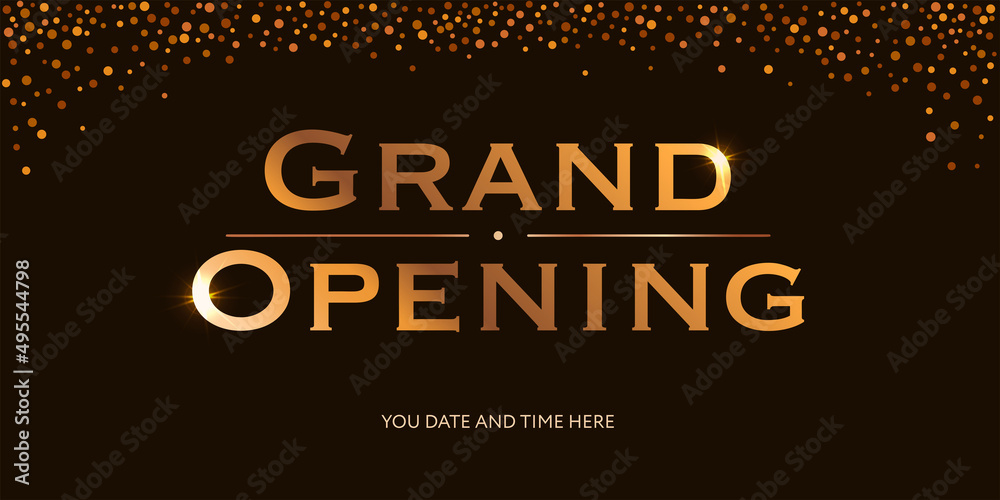 Grand opening. Vector illustration. Gold retro styled inscription with ...