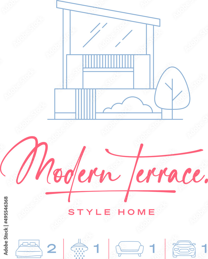 Line icon of a Modern Terrace style home with a hand written font and ...