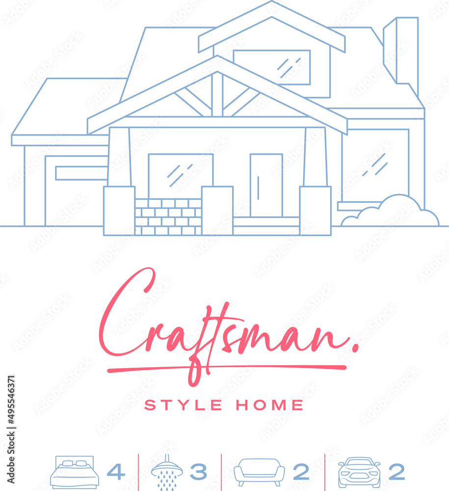 Line icon of a Craftsman style home with a hand written font and icons ...