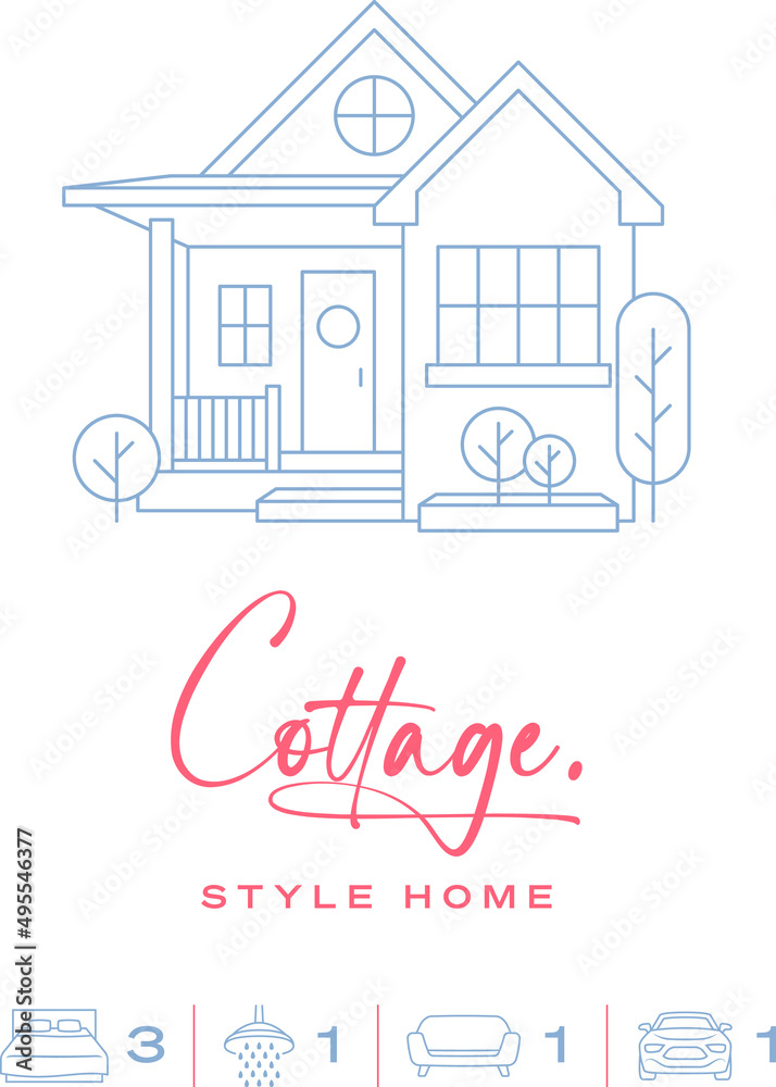 Line icon of a Cottage style home with a hand written font and icons ...