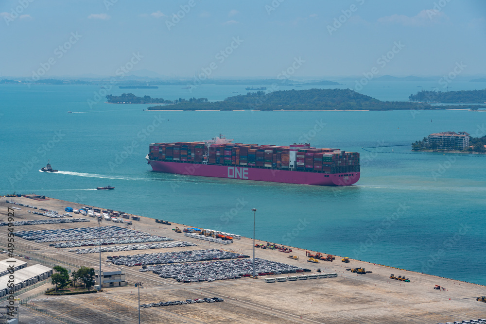 Singapore - March 2021: ONE Container Ship at the ocean. Container ...