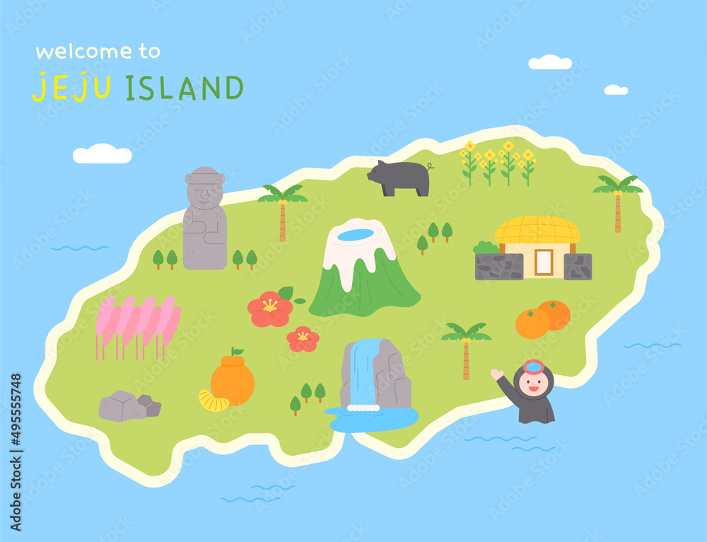 Jeju Island map and iconic icons. flat design style vector illustration ...