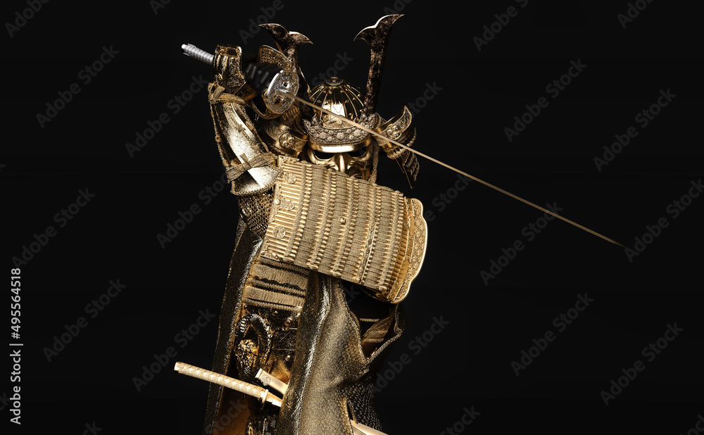 A samurai wearing golden armor and holding a sword. 3D illustration ...