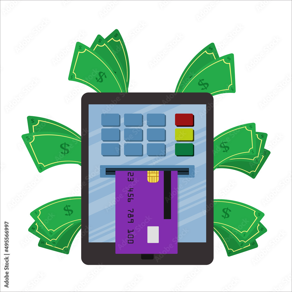 Withdraw money from tablet. Credit card being inserted into an atm ...