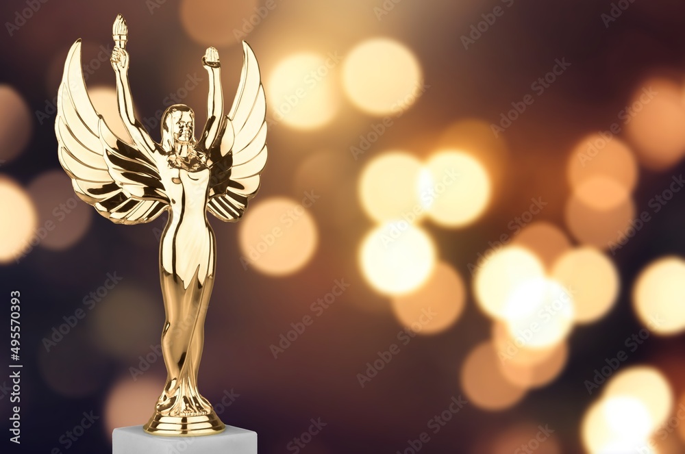 Hollywood Golden Academy award statue on fireworks background. Success ...