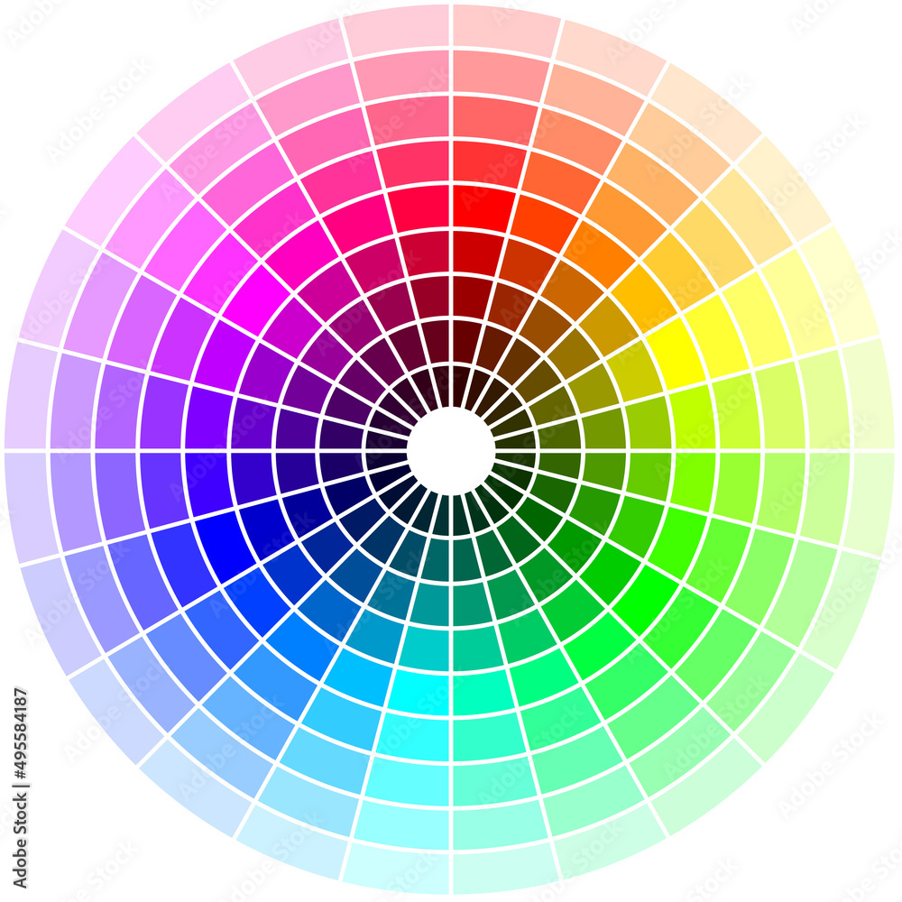 Color wheel of 24 hues, darker shades in center and lighter tints on ...