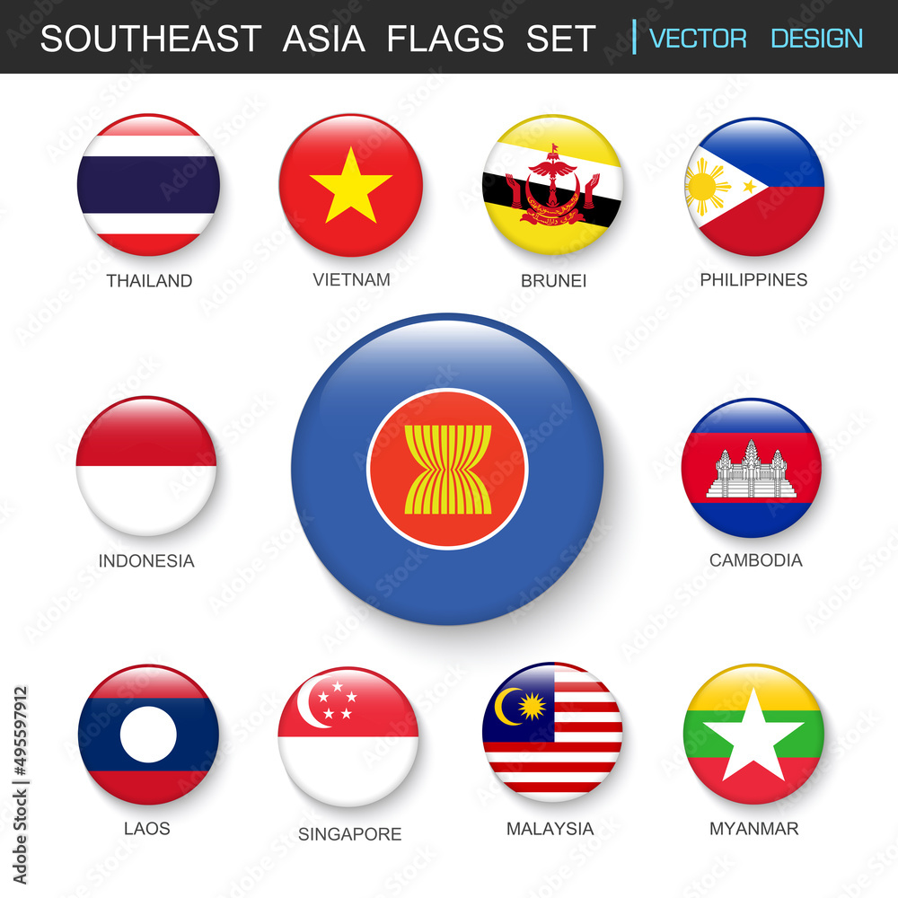 Southeast Asia flags set and members in botton stlye,vector design ...