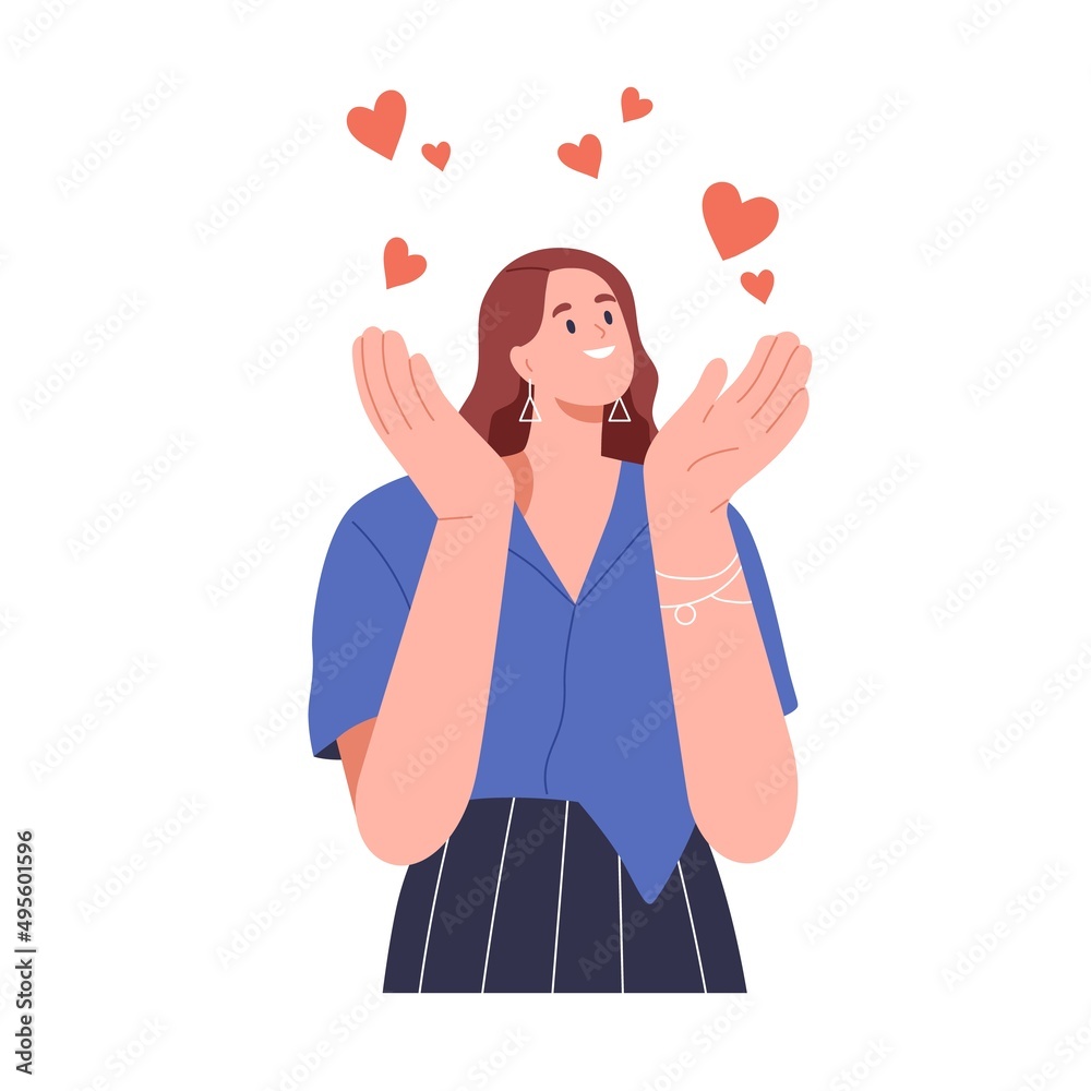 Grateful woman with hearts, feeling love and gratitude. Happy person ...