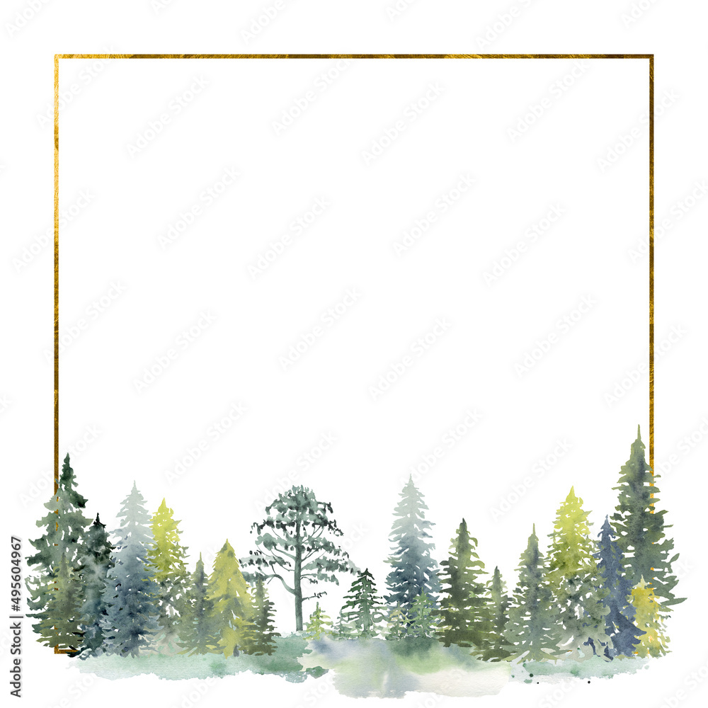 Watercolor Green Forest Frame, Forest tree illustration, Green ...
