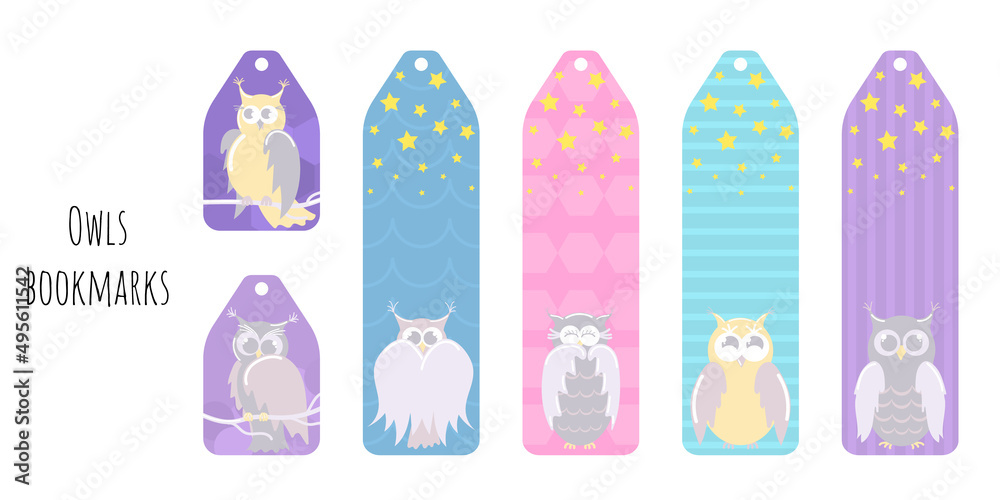 Set of 6 bookmarks and stickers with cute owls and decorative elements ...