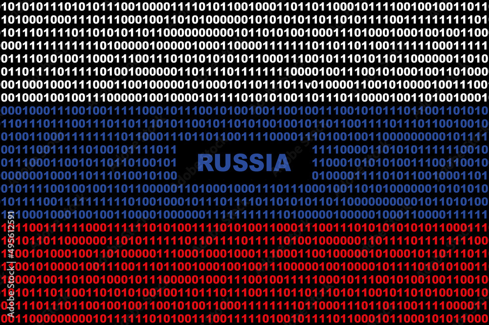 Hacker Russia. Digital Russian flag and a binary background ...