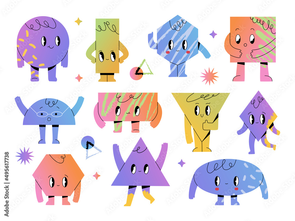 Set of various basic geometric shapes with cute smiling face. Funny ...