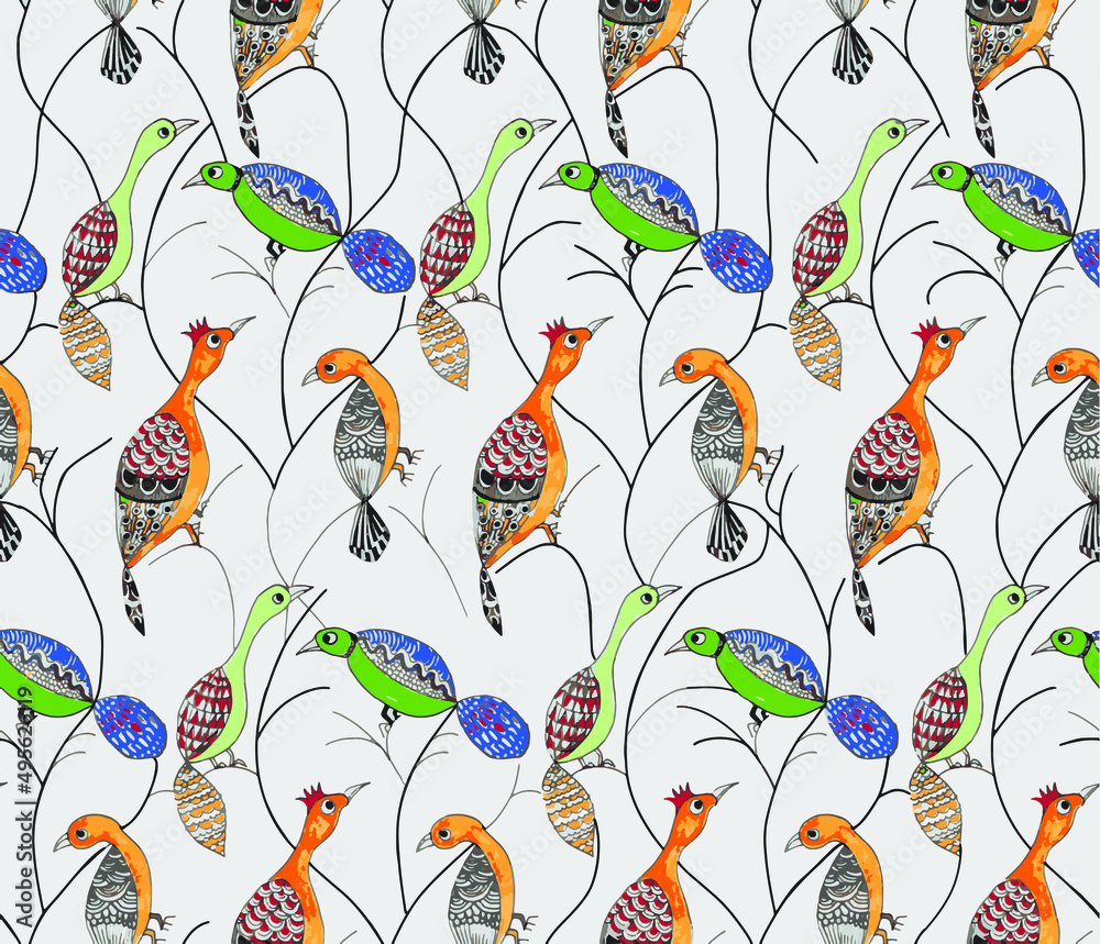 Seamless pattern with birds romantic elements, hand drawn polish folk ...